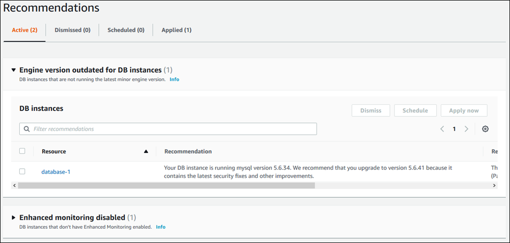 Viewing instance status and recommendations - Amazon Relational Database Service
