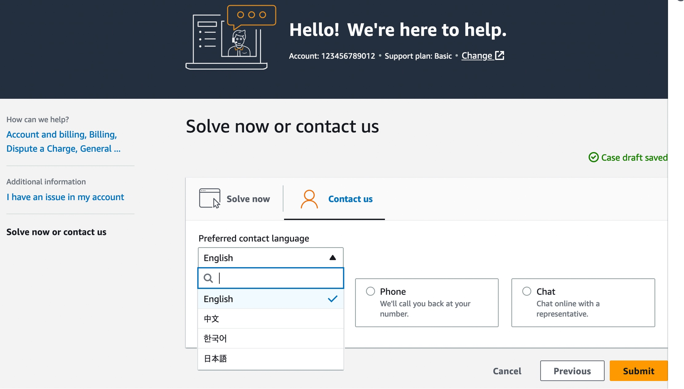 Example Create A Support Case For Account And Billing AWS Support
